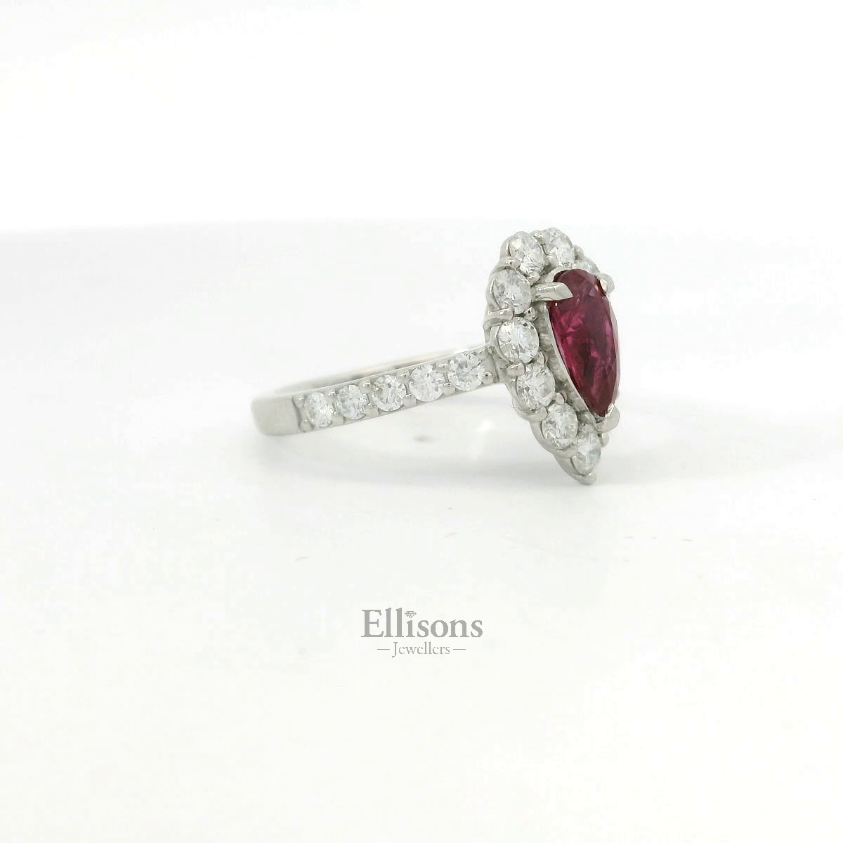 Platinum Ruby and Diamond Pear cluster ring